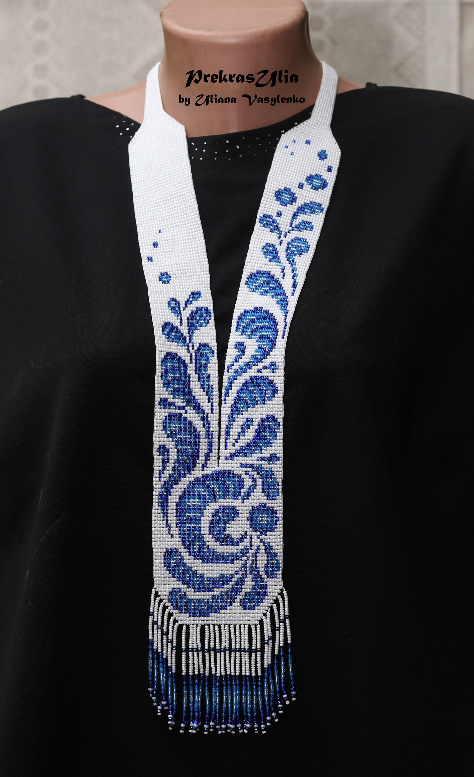 White Blue Long Gerdan Traditional Ukrainian Gerdan Handmade Beaded ...