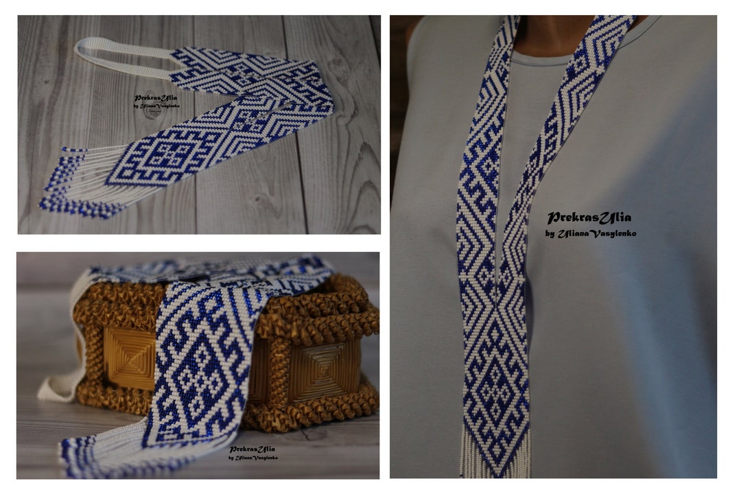 White Blue Long Gerdan Traditional Ukrainian Gerdan Handmade Beaded ...