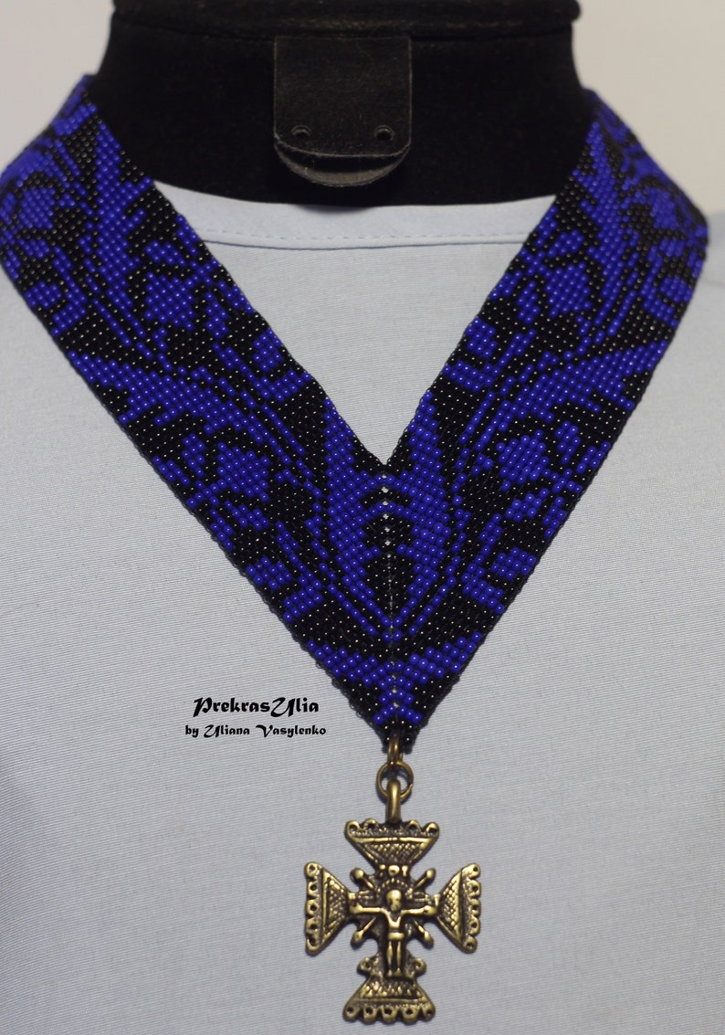 Blue black gerdan gift Ukrainian Seed bead Gerdan necklace | Etsy