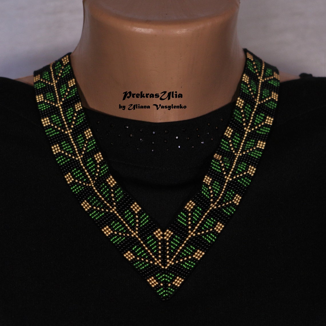 Green Gold Traditional ukrainian gerdan Beaded gerdan Angle | Etsy