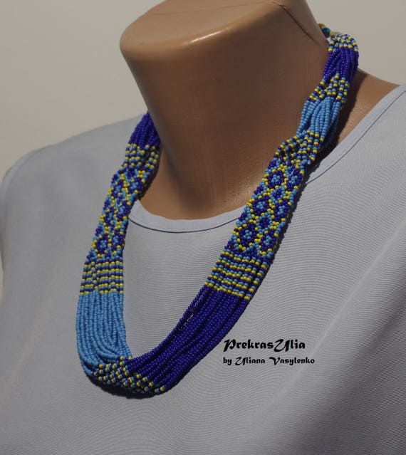Blue Yellow Traditional Ukrainian Beads NECKLACE Ukrainian | Etsy