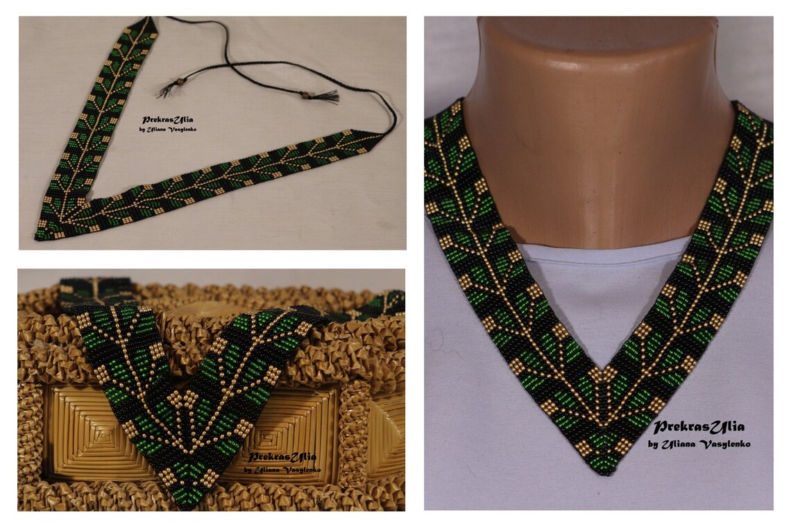 Green Gold Traditional ukrainian gerdan Beaded gerdan Angle | Etsy