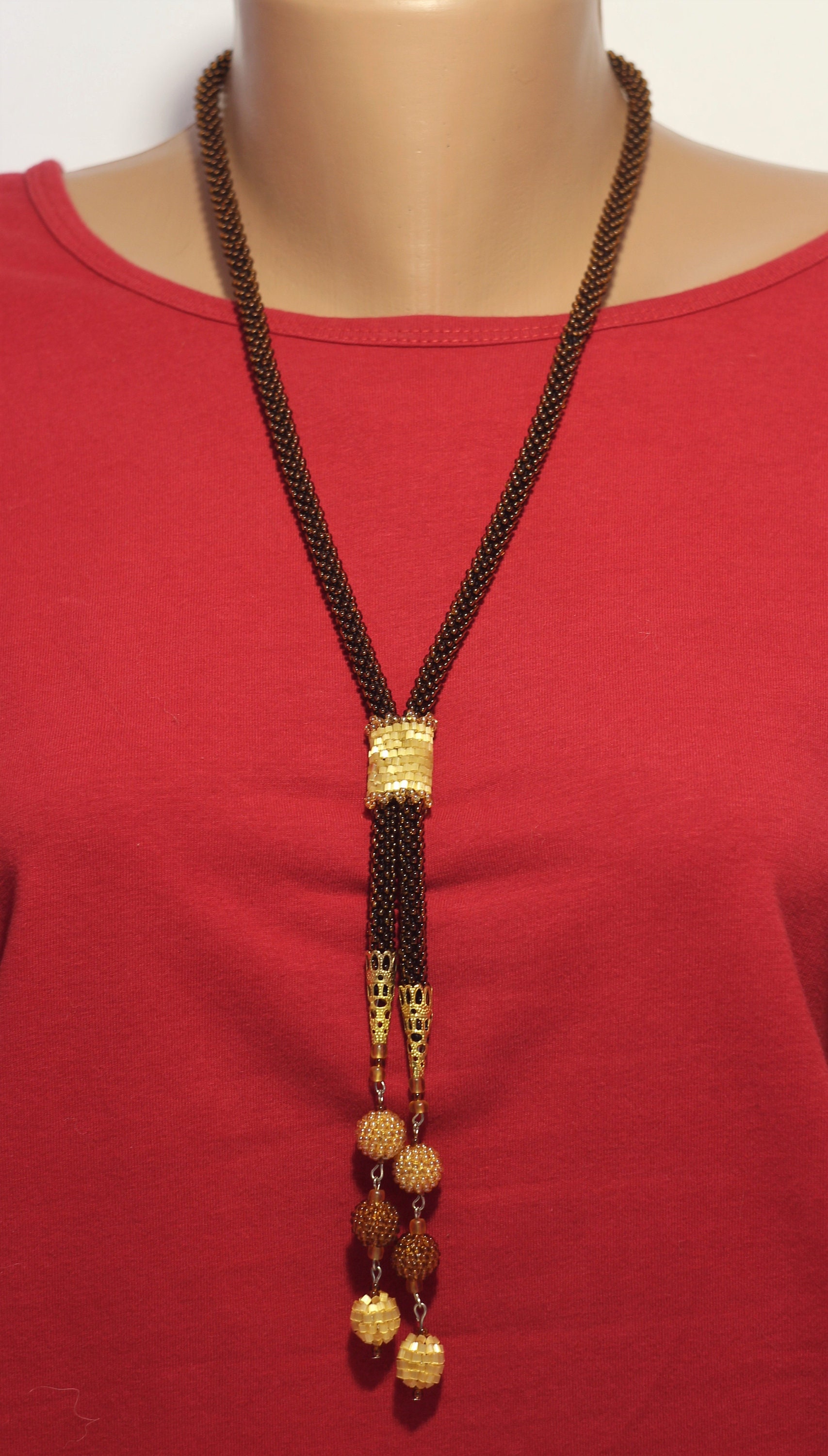 Honey lariat tie bolo Beaded Lariat Necklace brown lariat | Etsy