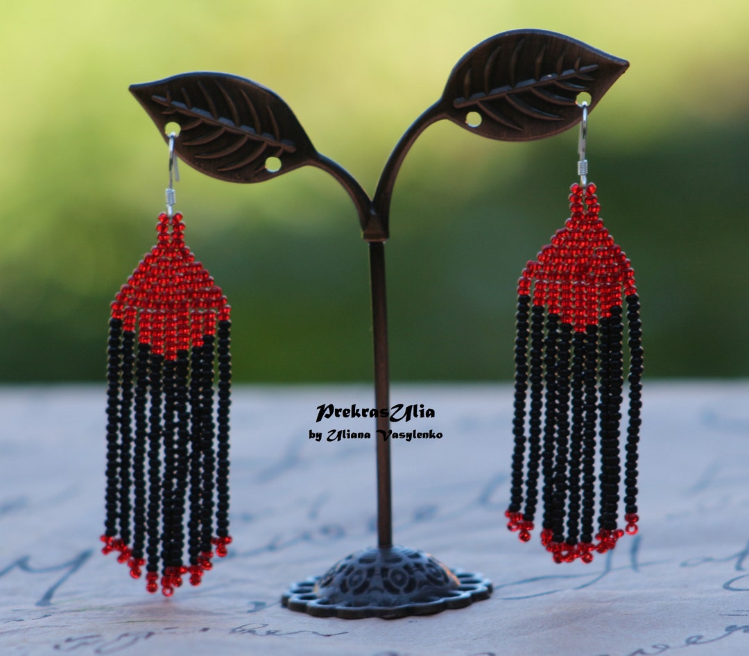 Red & Black Beaded Fringe Earrings: Boho Tribal Style - Etsy