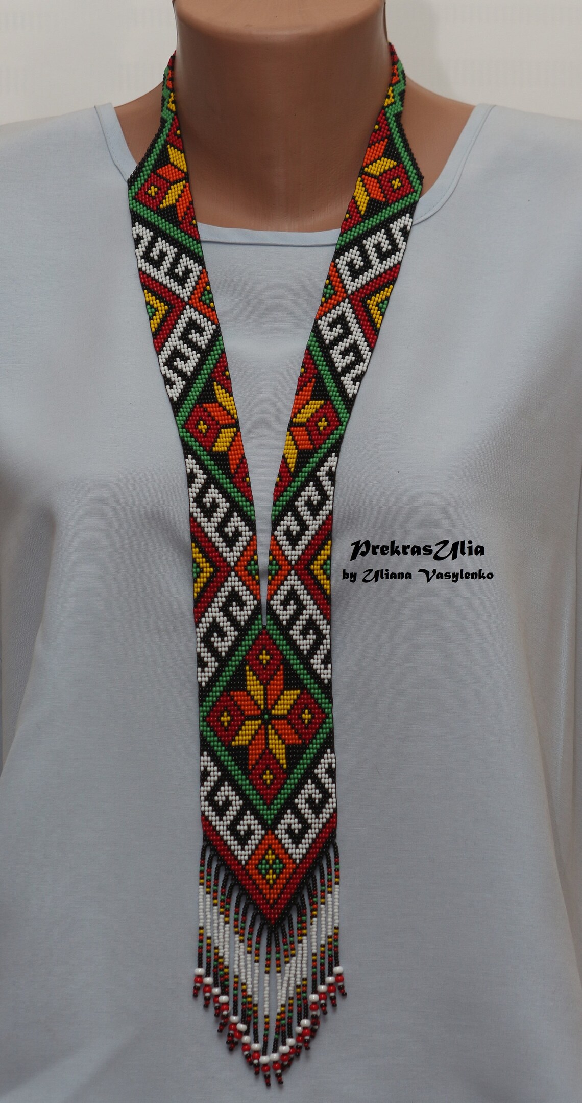 Traditional Ukrainian Gerdan Handmade Glass Beaded Necklace Long Gerdan ...