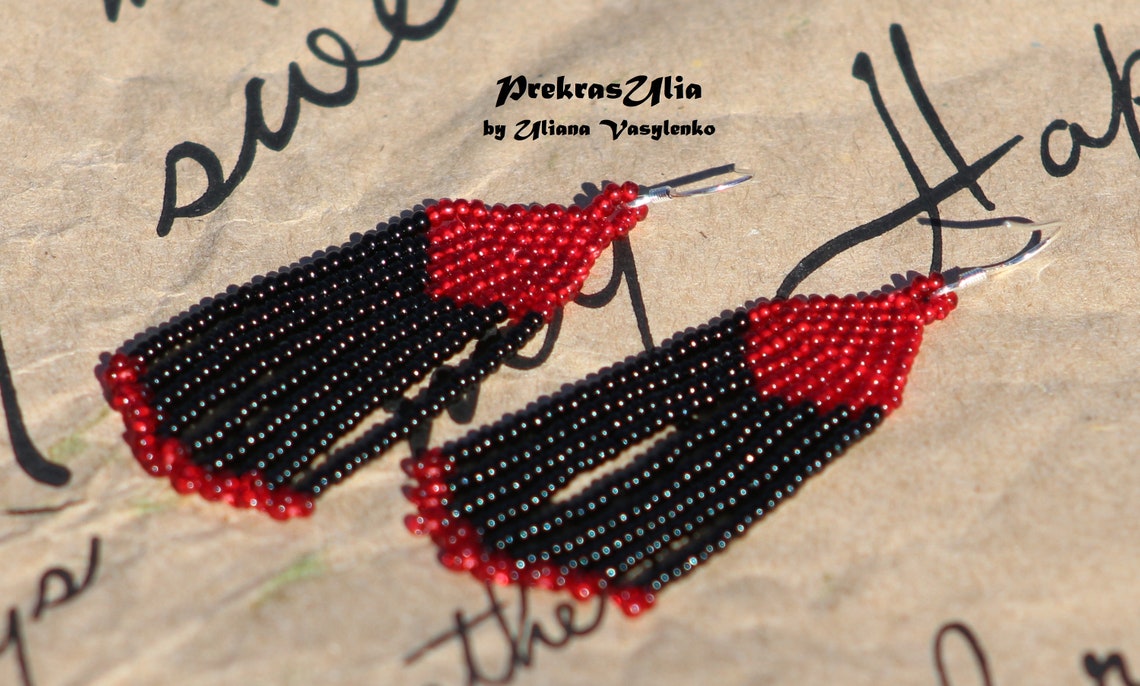 Red Black Earrings Beaded Earrings Seed Bead Earrings Etsy