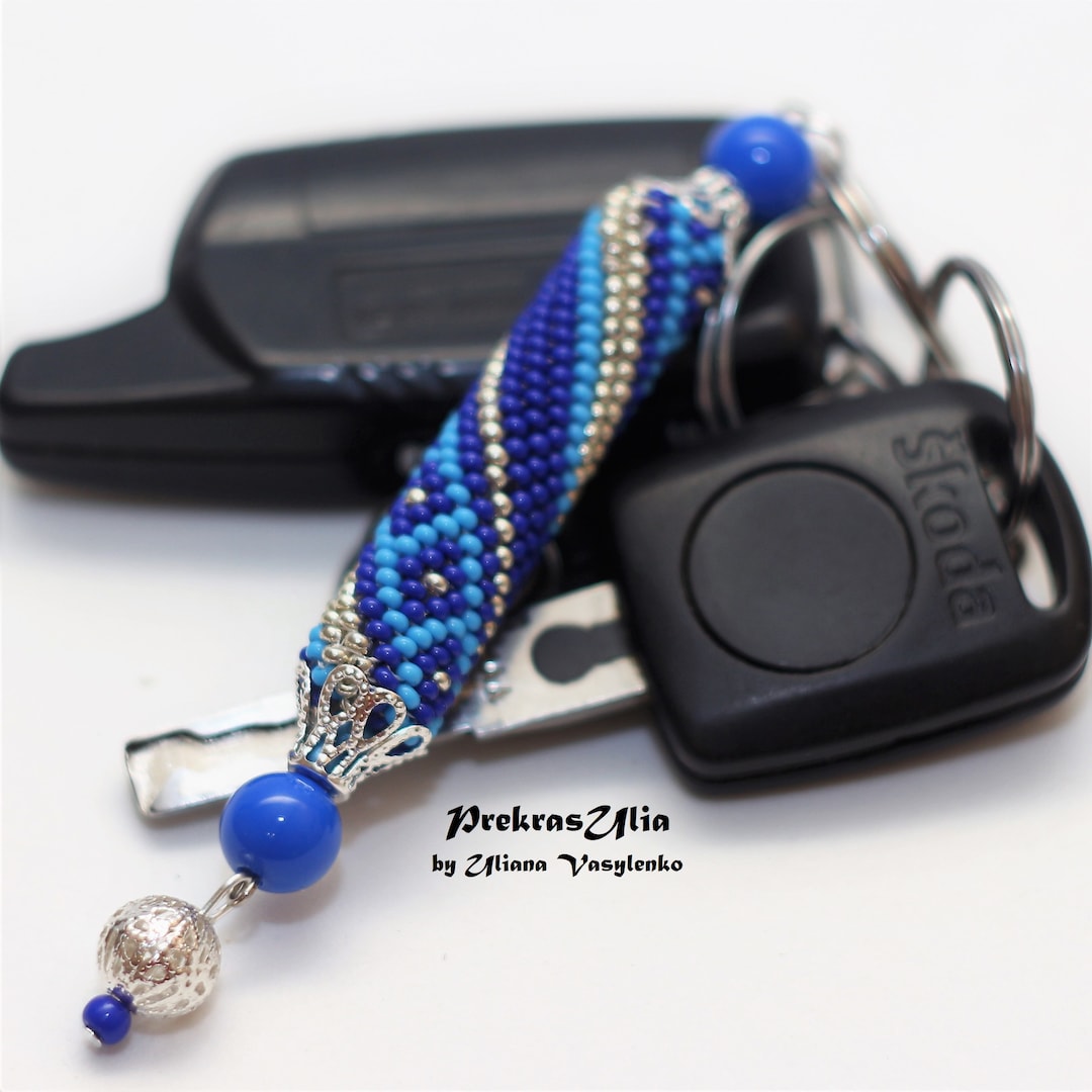 Blue Key Ring Chain Beads Beaded Charm Ukrainian Ornament Beaded ...