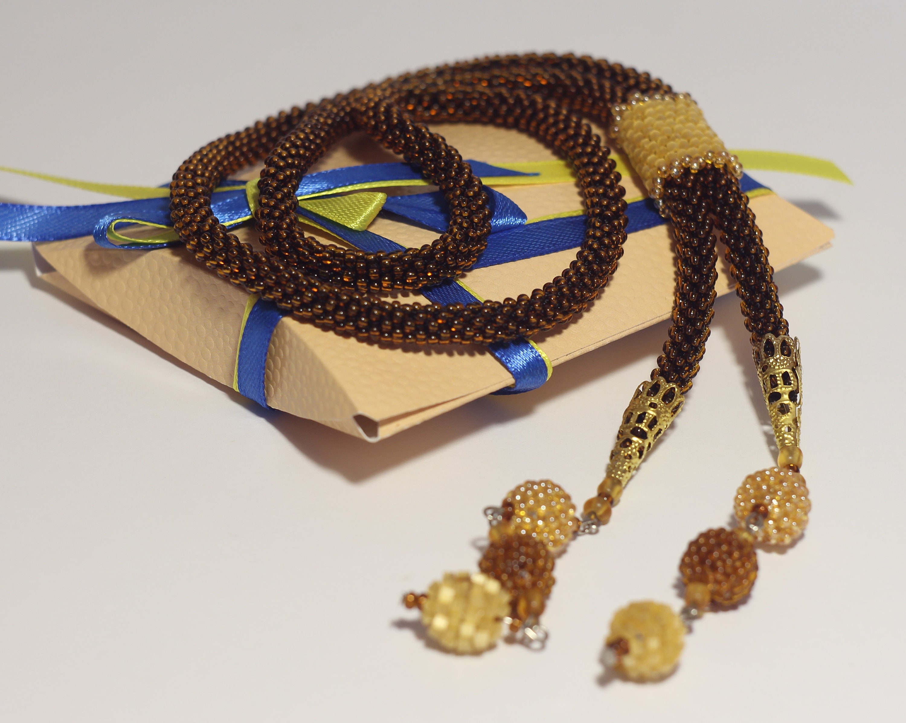 Honey lariat tie bolo Beaded Lariat Necklace brown lariat | Etsy