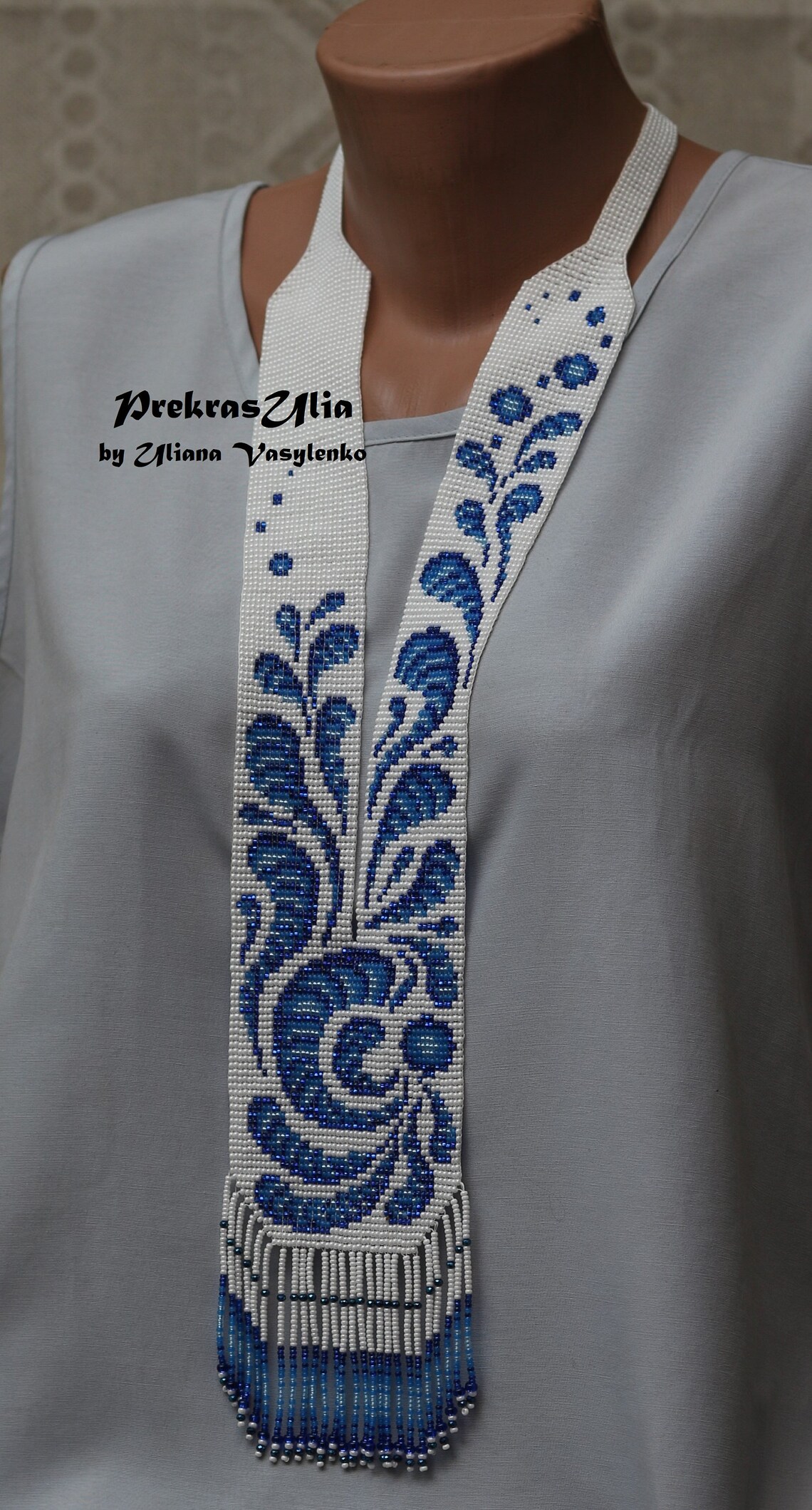 White Blue Long Gerdan Traditional Ukrainian Gerdan Handmade | Etsy