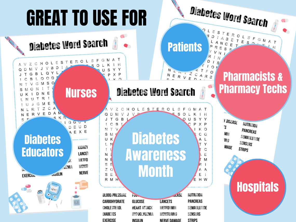 DIABETES WORD SEARCH Printable Game for Patients Nurses - Etsy