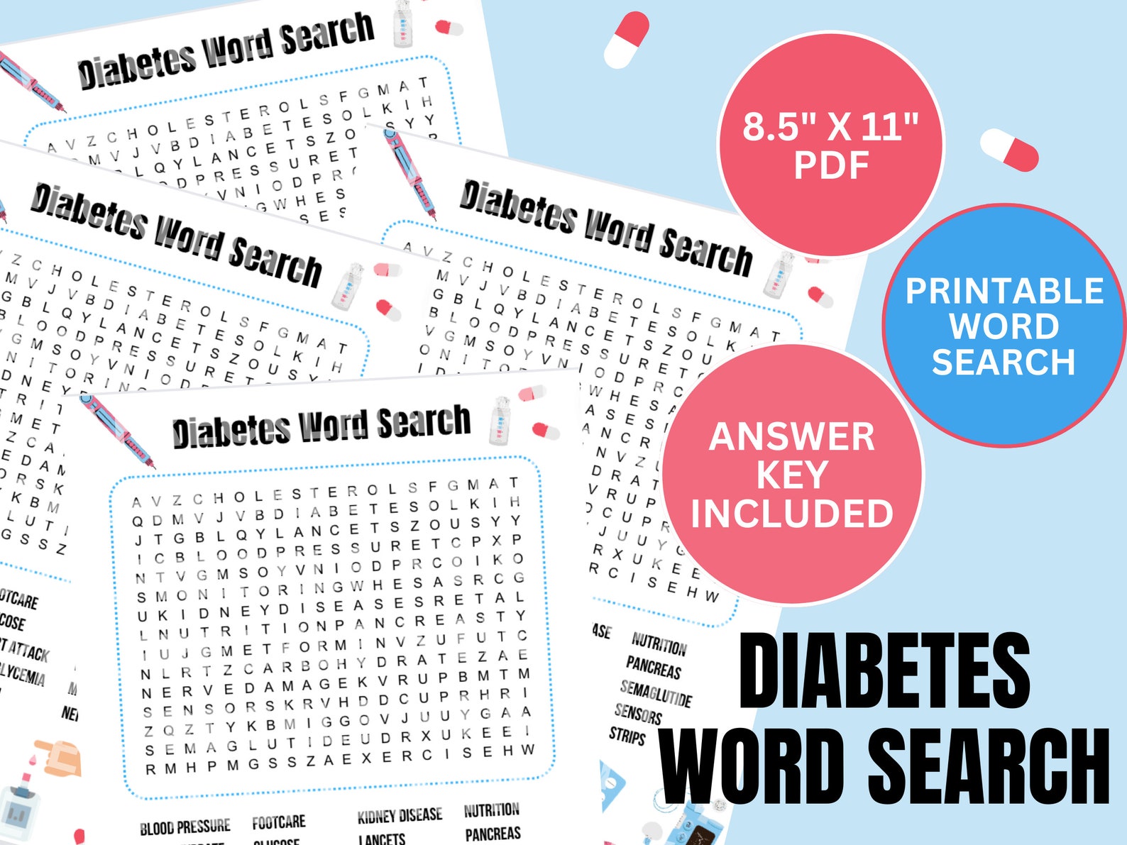 DIABETES WORD SEARCH Printable Game for Patients Nurses - Etsy