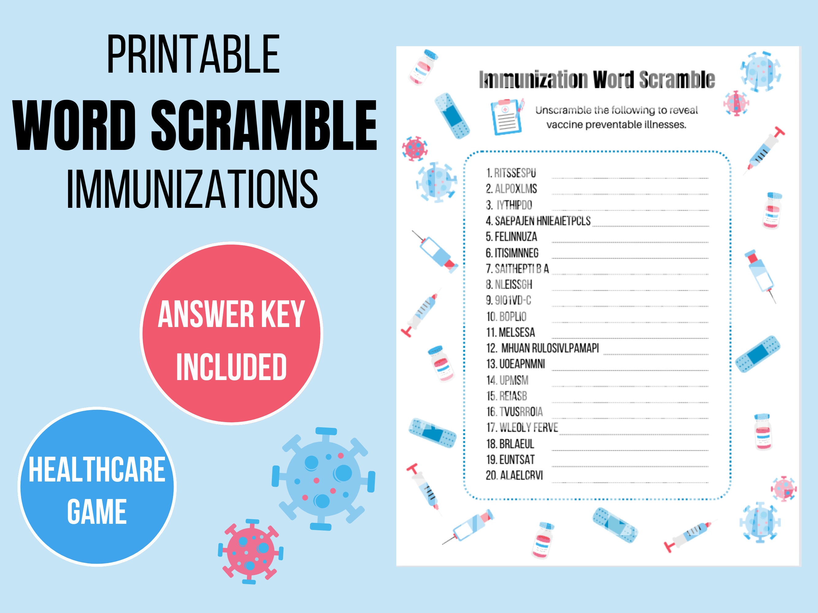 IMMUNIZATION WORD SCRAMBLE Printable Vaccines Fun Healthcare Work Game ...