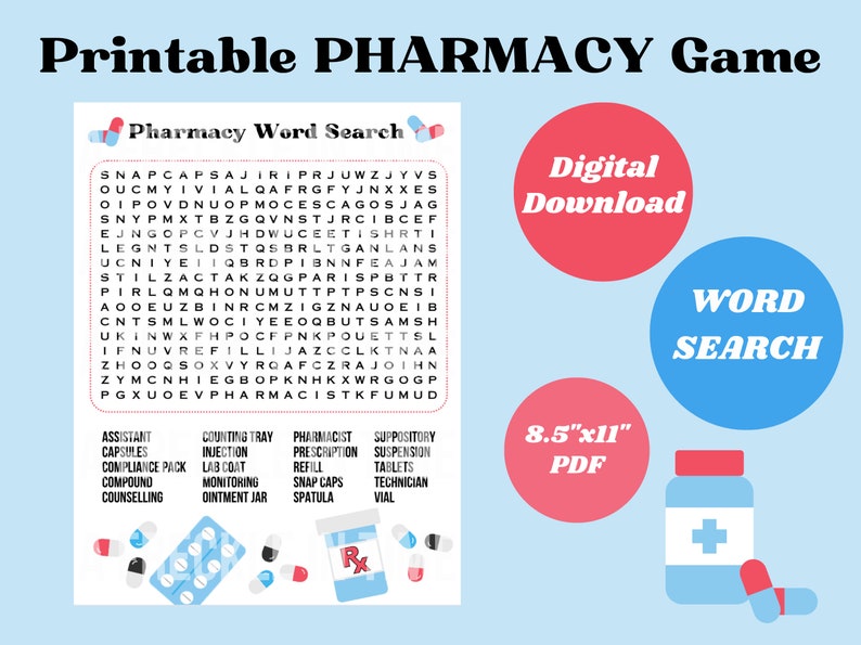 Pharmacy Word Search Printable Game: Healthcare Workplace Activity (PDF ...