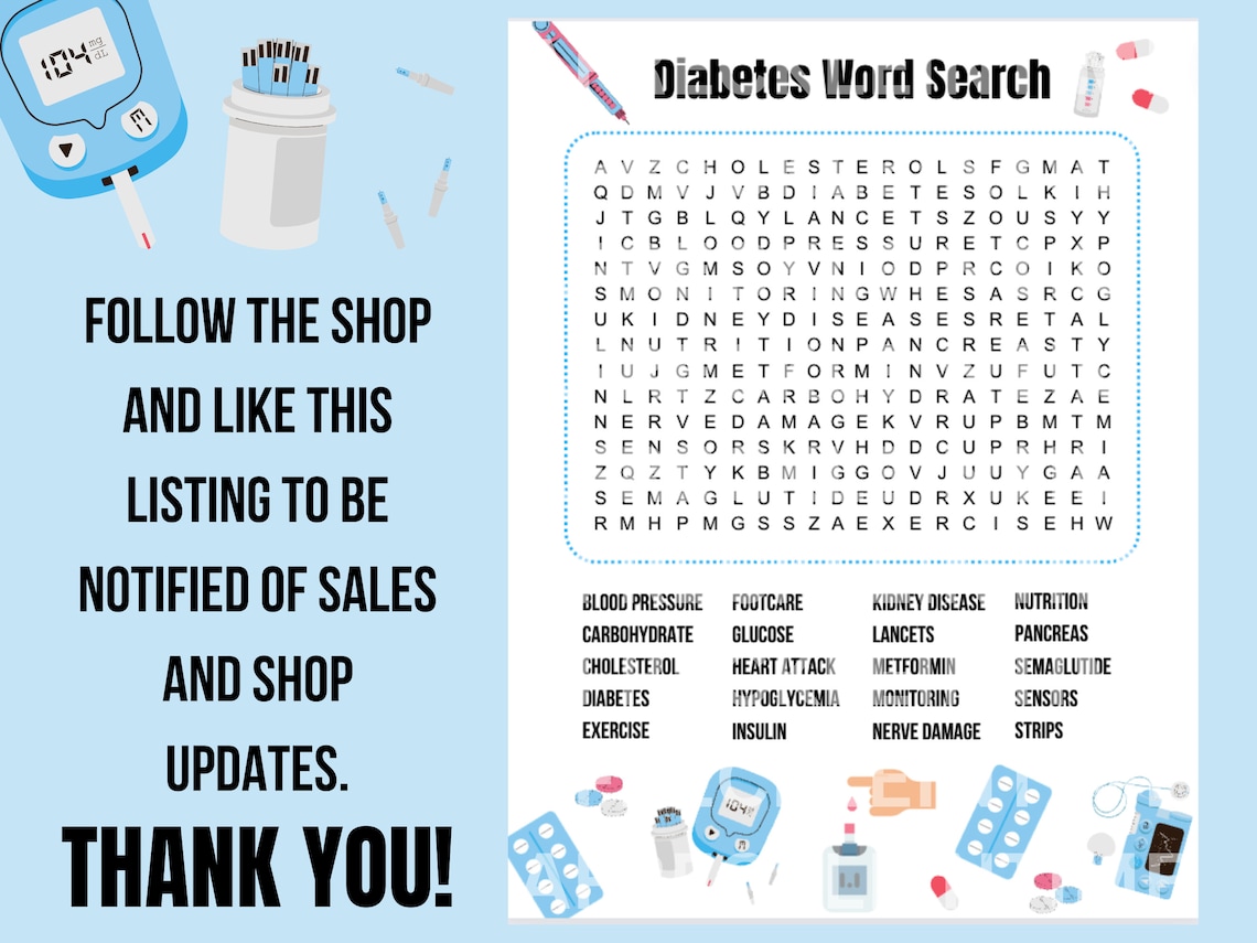 DIABETES WORD SEARCH Printable Game for Patients Nurses - Etsy