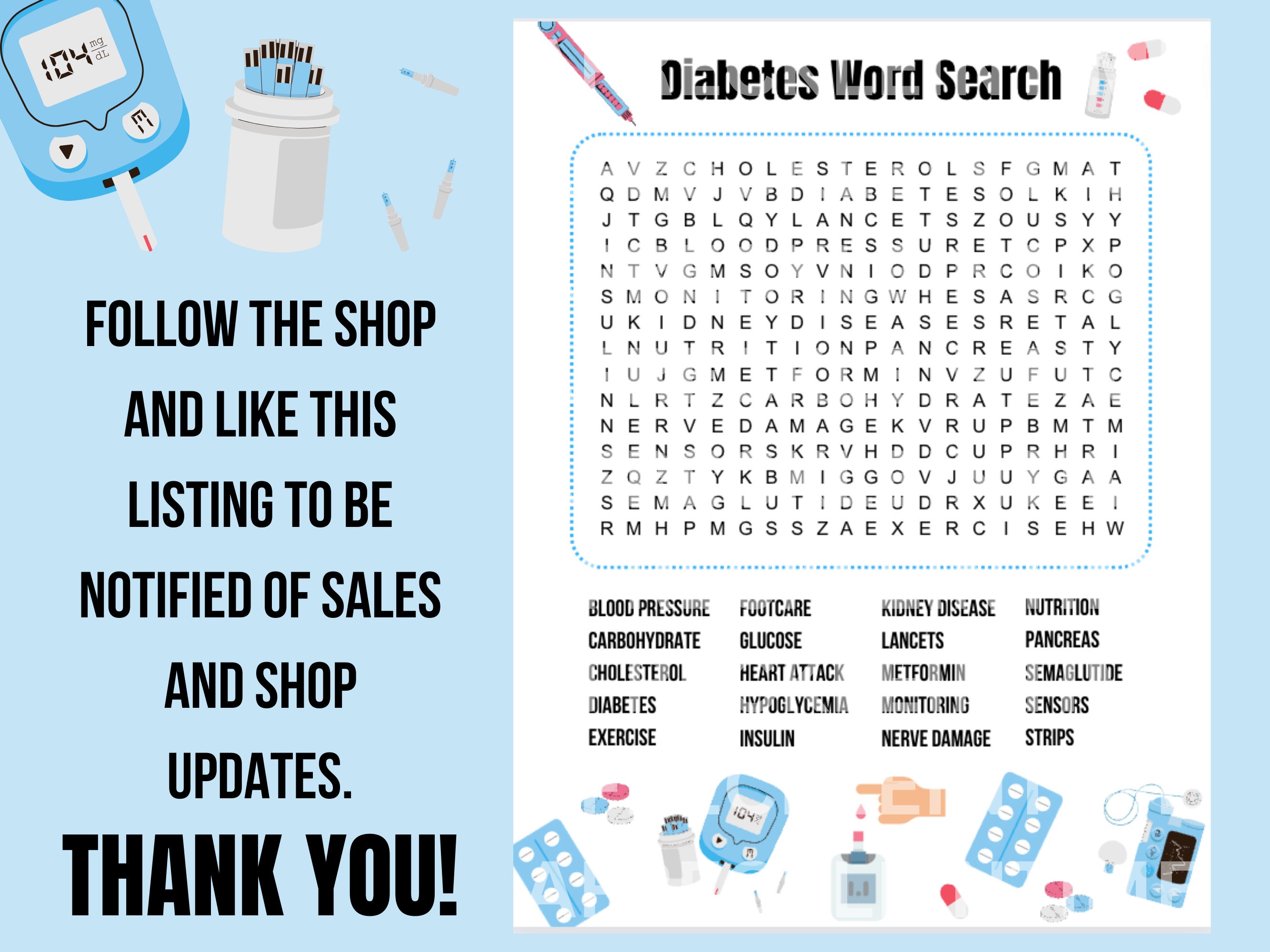 DIABETES WORD SEARCH Printable Game for Patients Nurses - Etsy