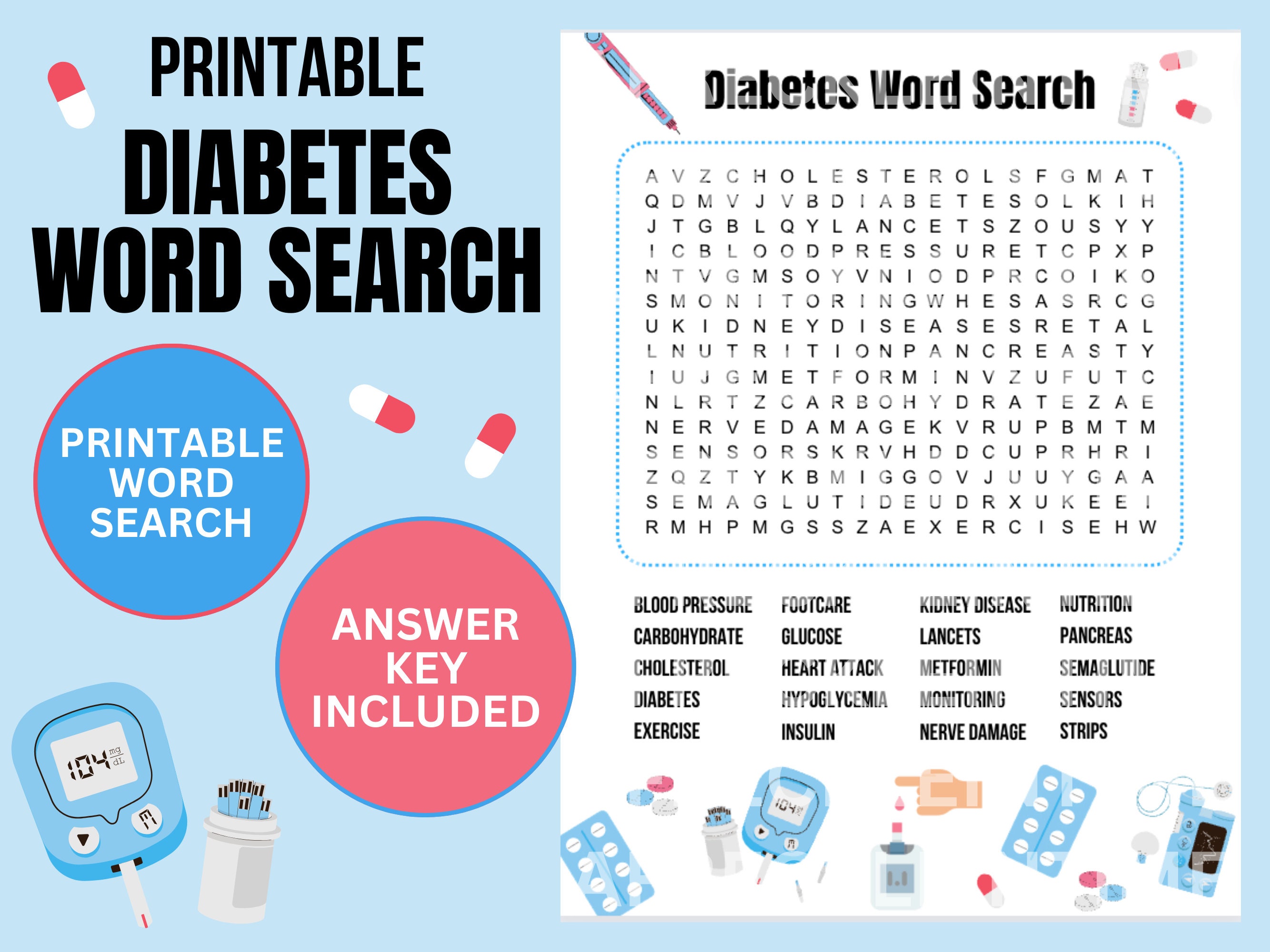 DIABETES WORD SEARCH Printable Game for Patients Nurses - Etsy
