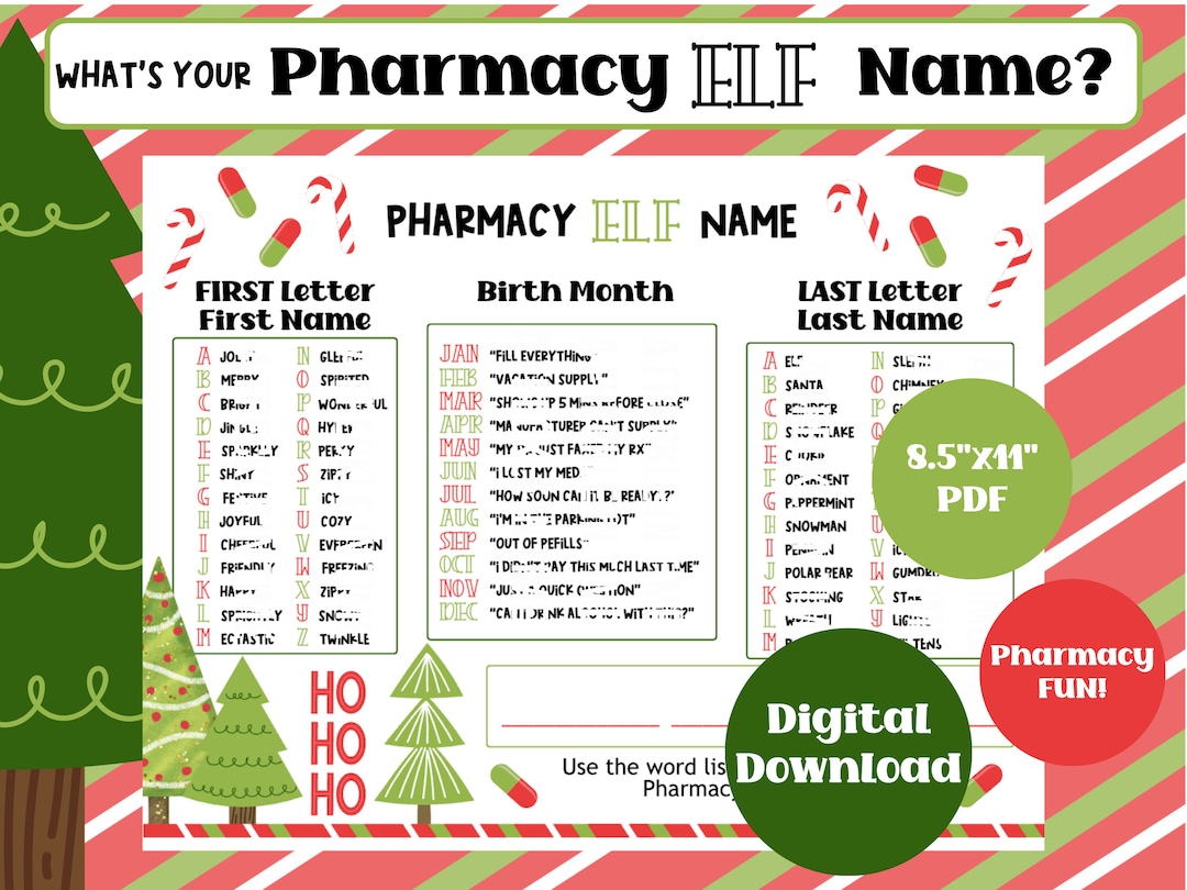 Pharmacy ELF Name Generator Festive Printable Fun Christmas Party or ...