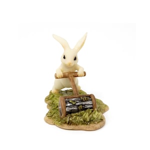 Miniature White Bunny Pushing Lawn Mower Figurine ~ Easter Fairy Garden ...