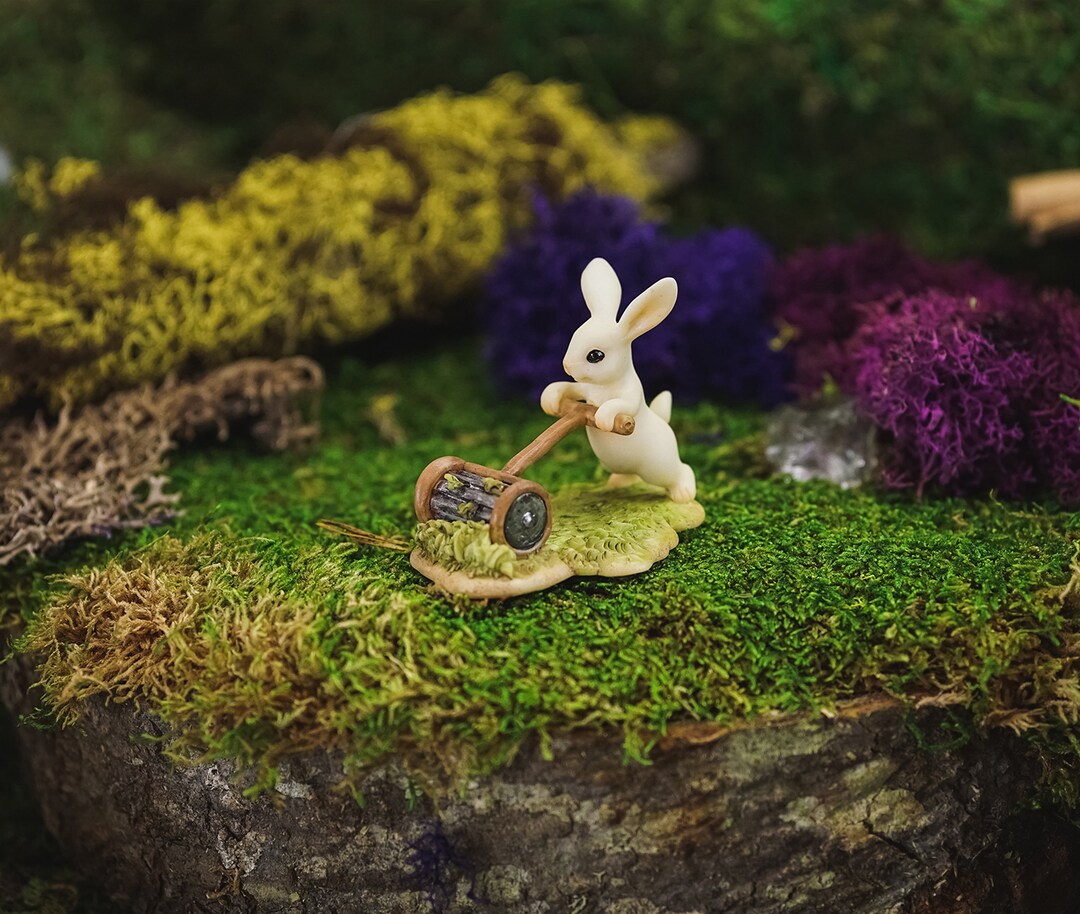 Miniature White Bunny Pushing Lawn Mower Figurine ~ Easter Fairy Garden ...