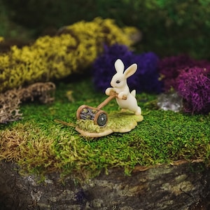 Miniature White Bunny Pushing Lawn Mower Figurine ~ Easter Fairy Garden ...