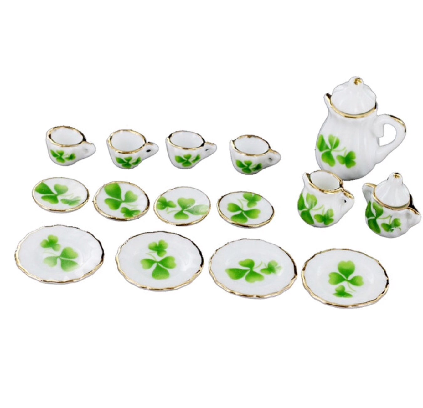 1:12 Scale Porcelain Shamrock Tea Set ~ 17 PC Dollhouse or Fairy Garden ...