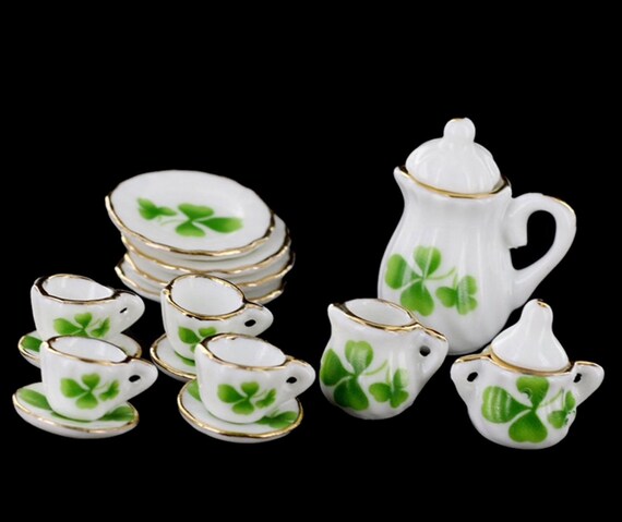 1:12 Scale Porcelain Shamrock Tea Set ~ 17 PC Dollhouse or Fairy Garden ...