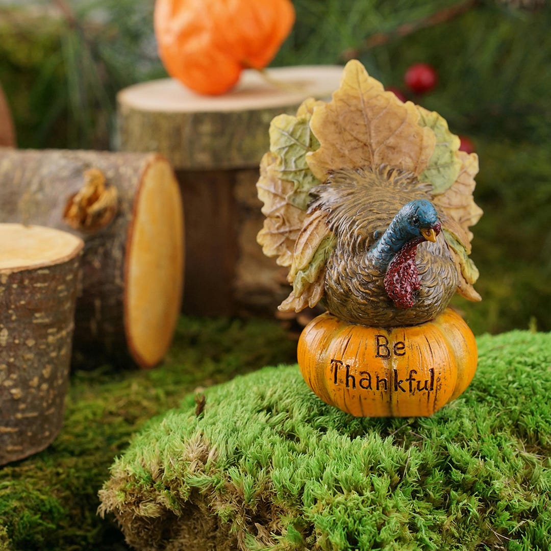 Miniature Wild Turkey on Thankful Pumpkin Figurine ~ Thanksgiving Fairy ...