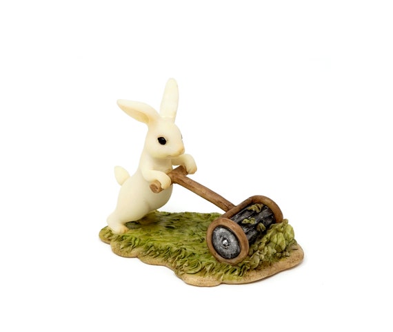 Miniature White Bunny Pushing Lawn Mower Figurine Spring | Etsy