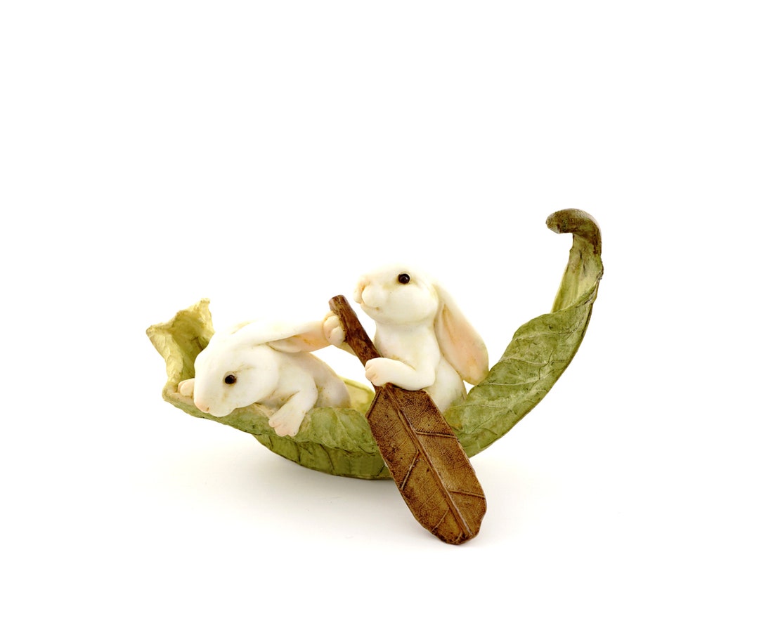 Miniature Rabbits Rowing Leaf Canoe Figurine Easter Fairy - Etsy