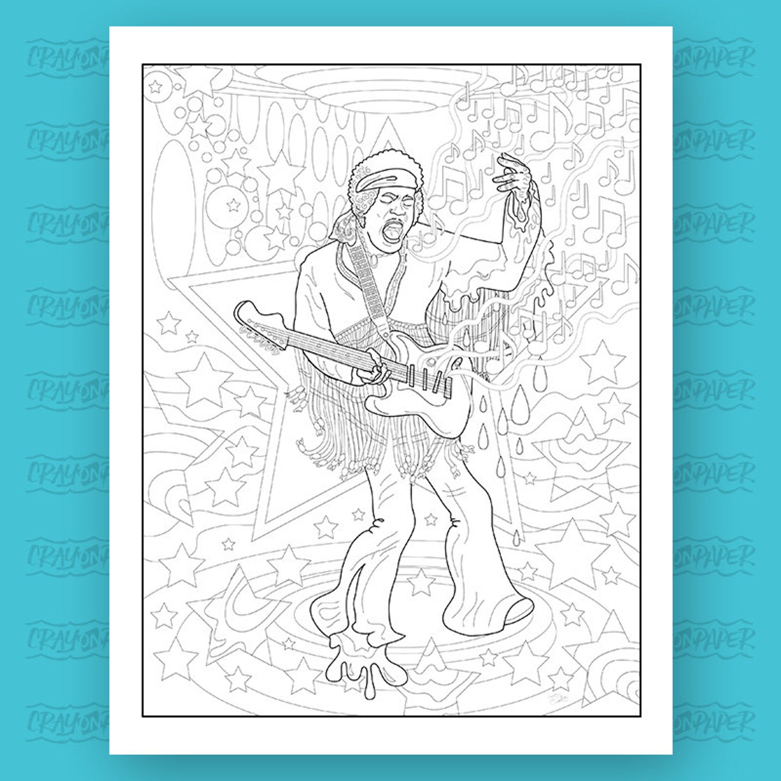 Jimi Hendrix at Woodstock Psychadelic Printable Pdf Adult Coloring ...