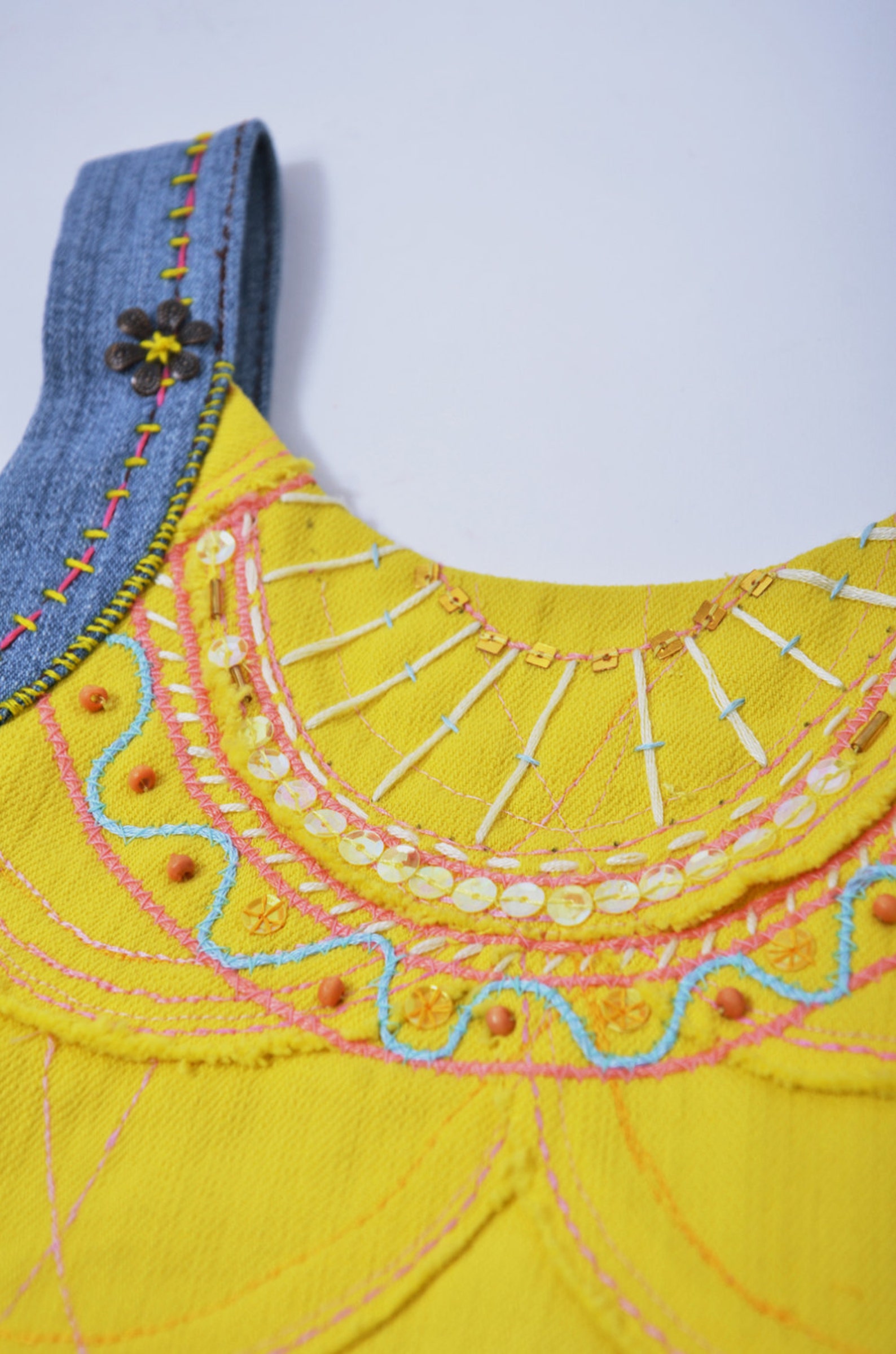DENIM DRESS, Yellow Dress, Indiana Dress, Handmade Embroidery Dress ...