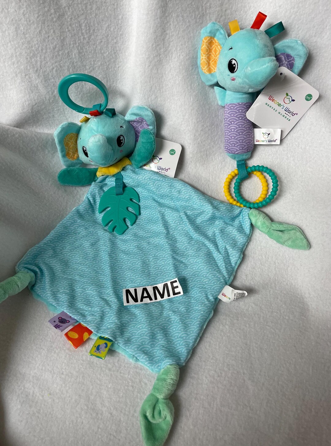 2-pc Gift Set/elephant Personalized Sensory Lovey+ Rattle/crinkle Ears ...