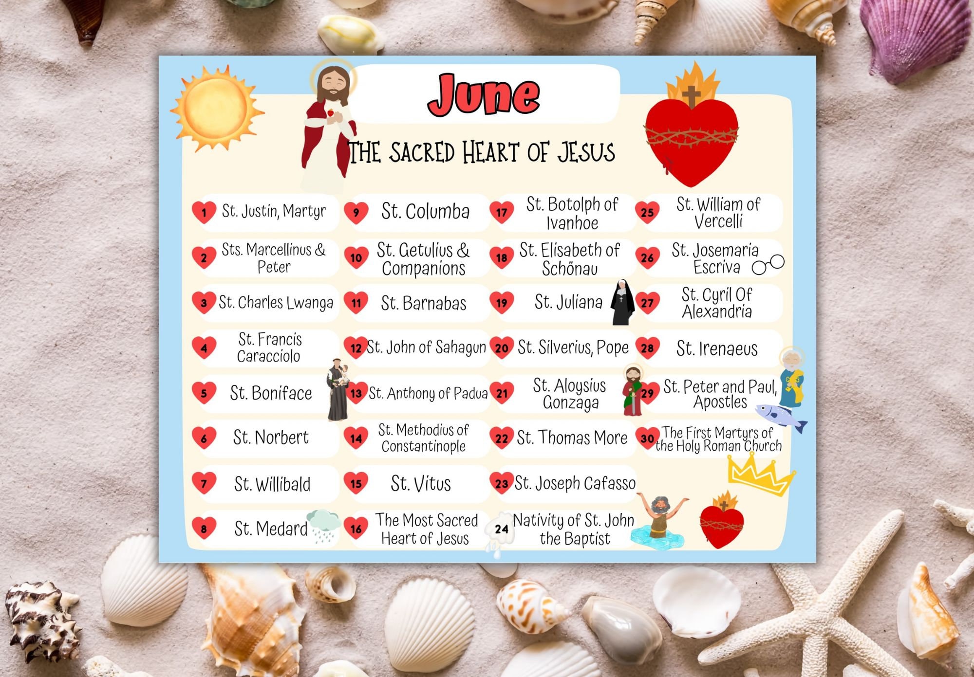 June Saints Feast Day Printable Calendar Sacred Heart Print St Peter ...