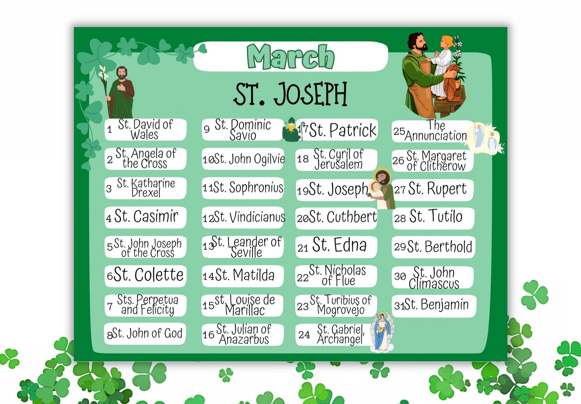 March Saints Feast Day Printable Calendar- Saint Joseph, Annunciation ...