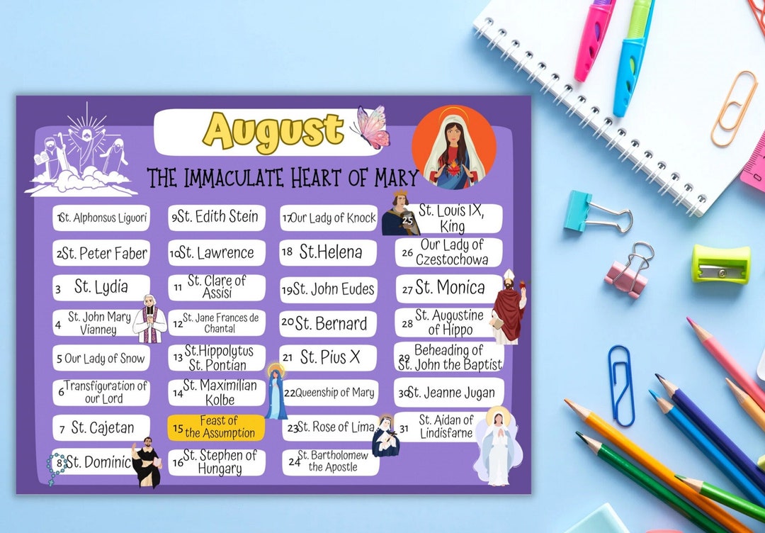 August Saints Feast Day Printable Calendar- Assumption, St Louis Digital, Saint Augustine ...