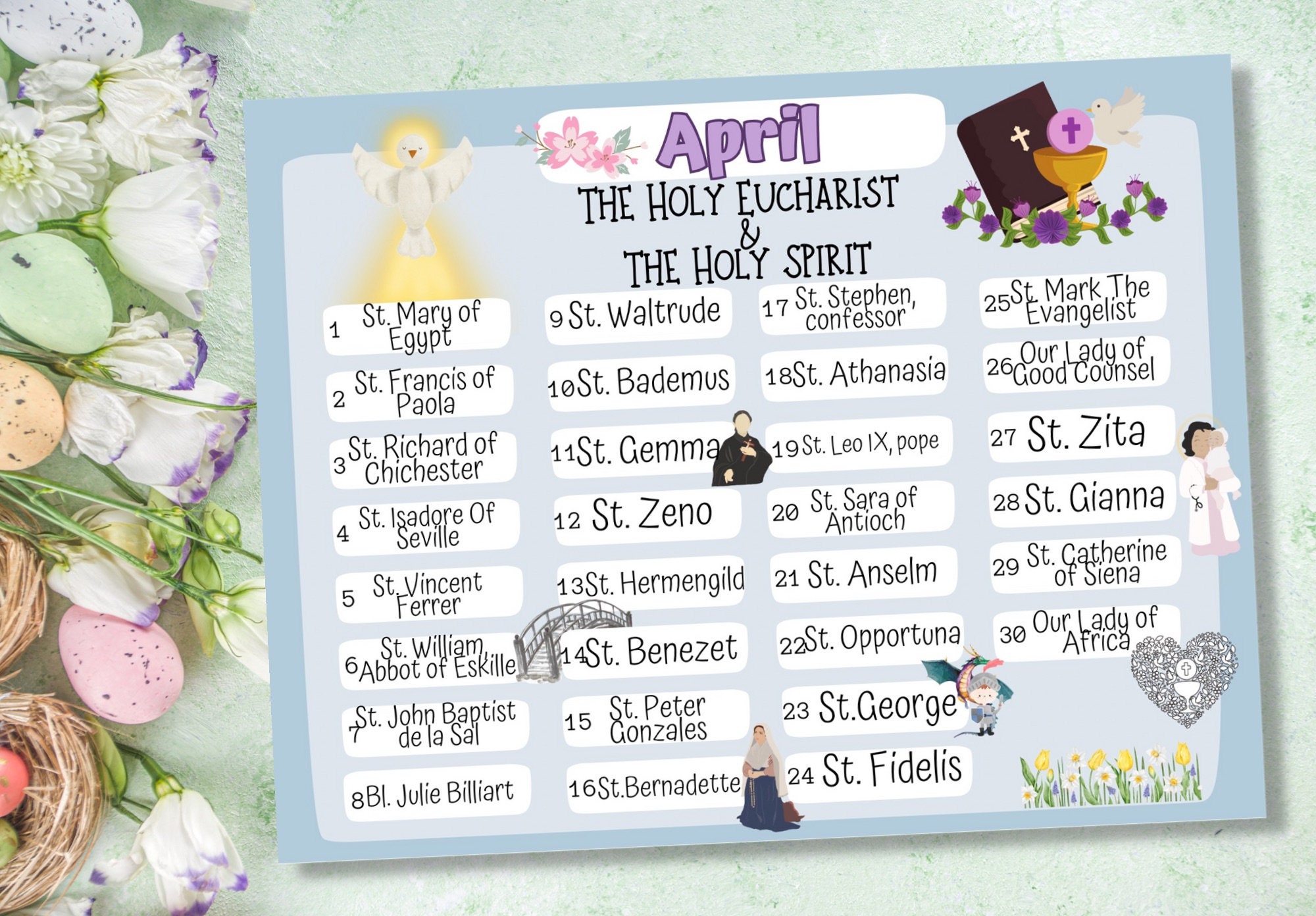 April Saints Feast Day Printable Calendar- Saint Bernadette, St. George ...