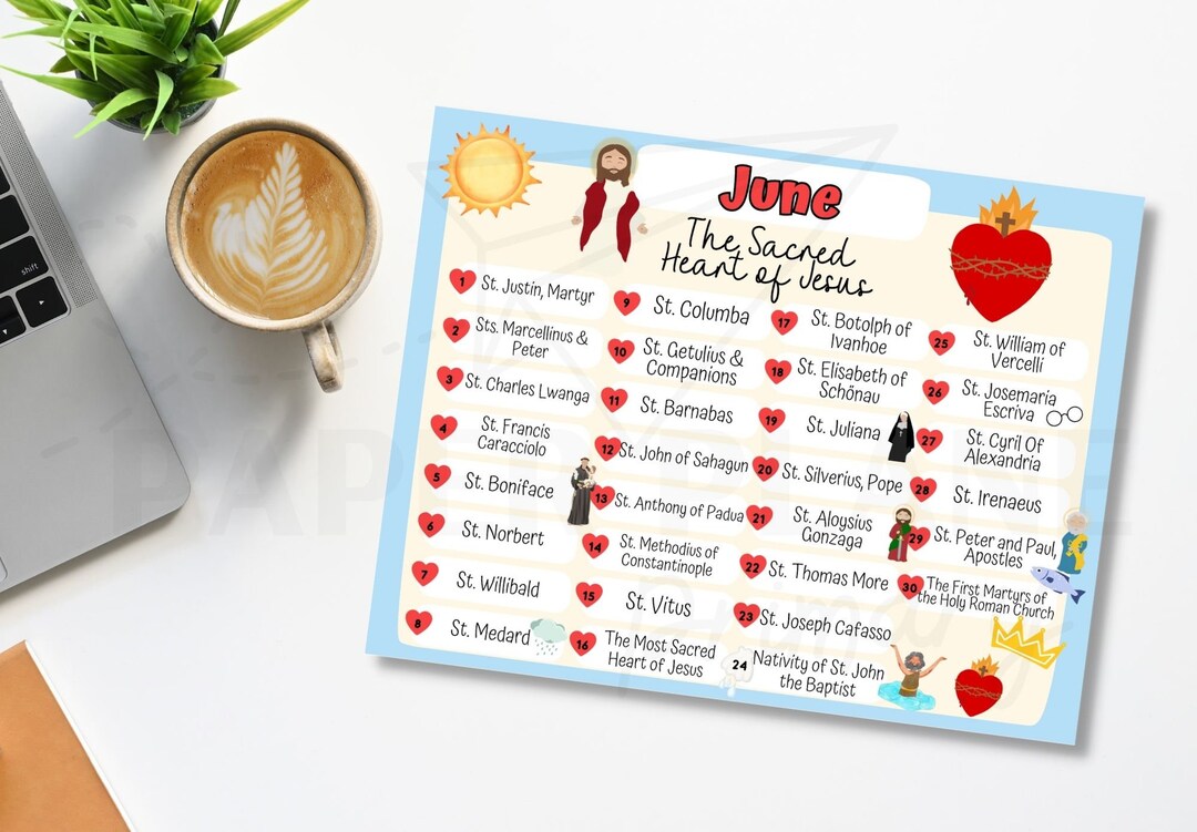 June Saints Feast Day Printable Calendar Sacred Heart Print - Etsy