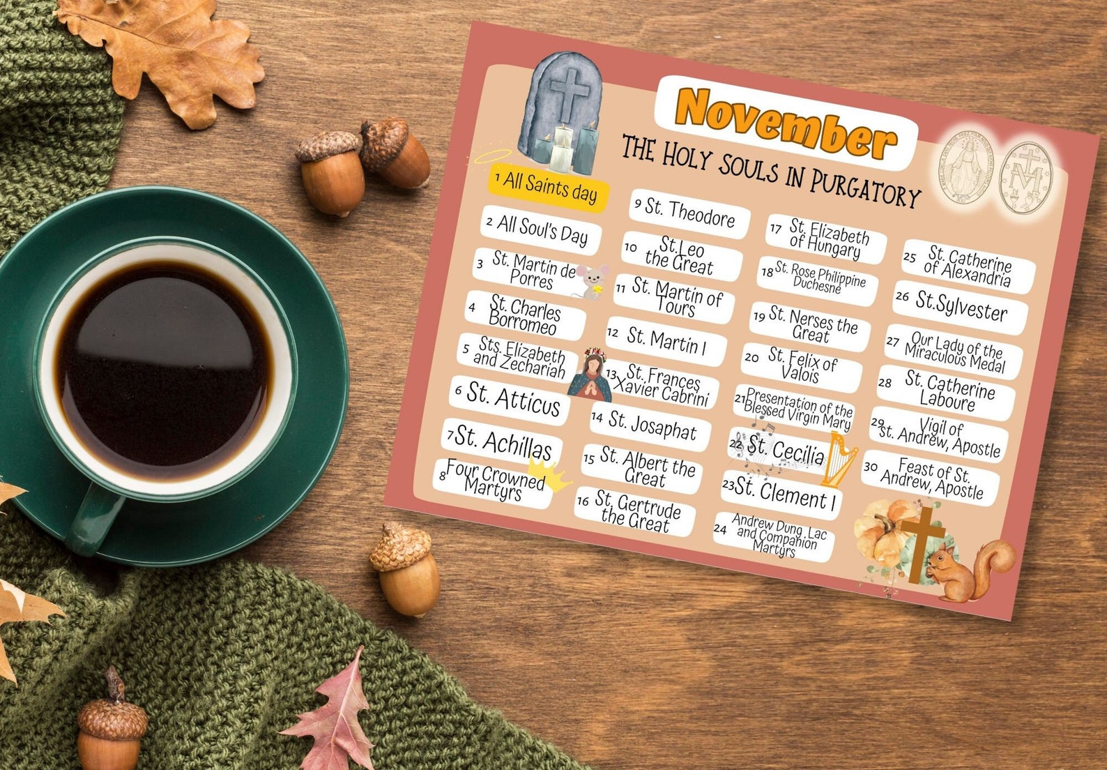 November Saints Feast Day Printable Calendar- All Souls, All Saints ...
