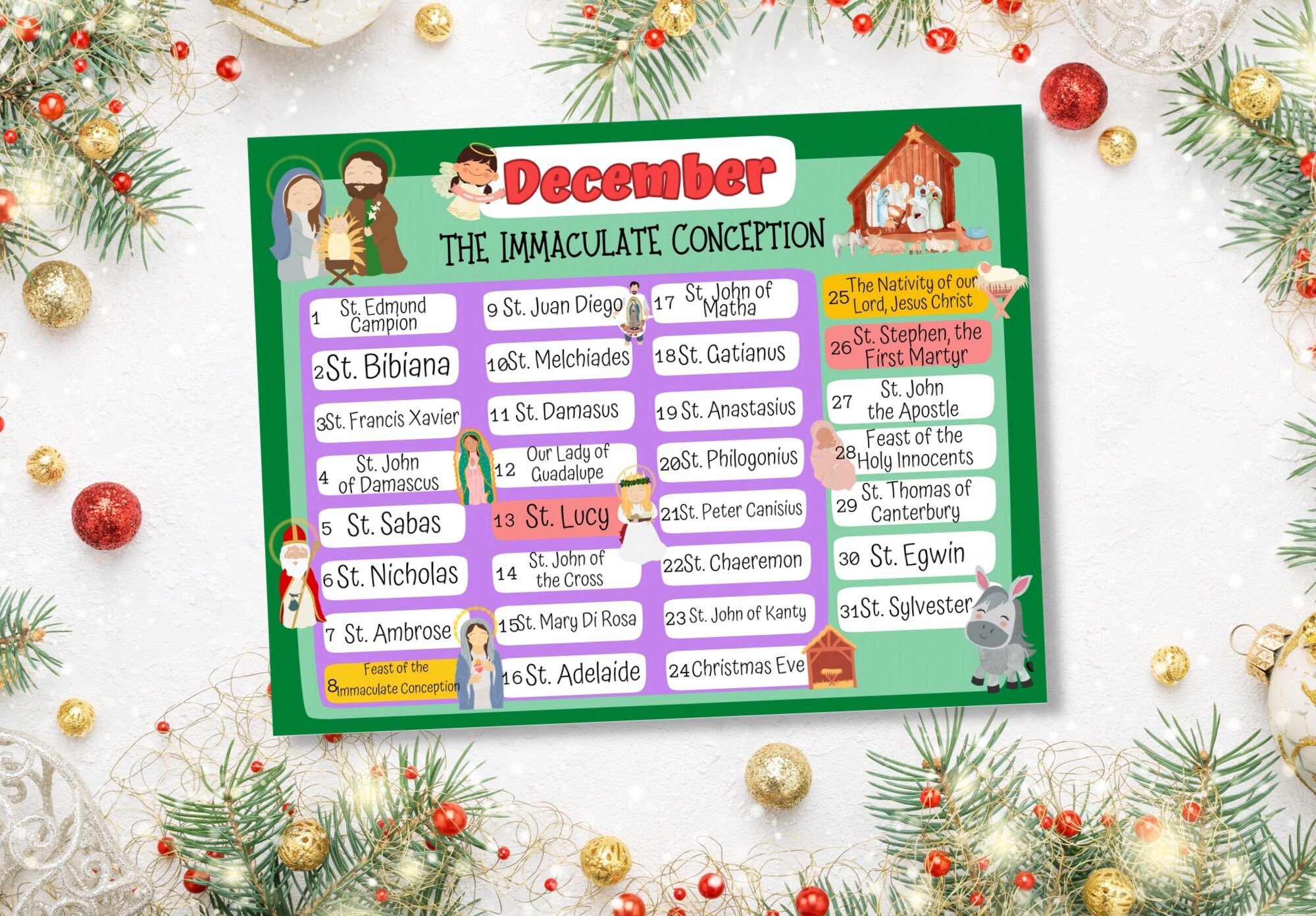December Saints Feast Day Printable Calendar St. Nicholas, Saint Lucy ...