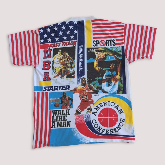 RARE Vtg 90s STARTER t shirt NBA All overprint Single… - Gem