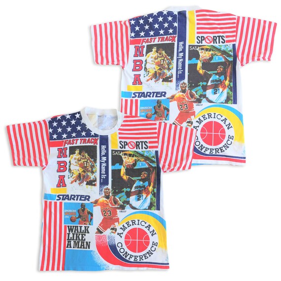 RARE Vtg 90s STARTER t shirt NBA All overprint Single… - Gem