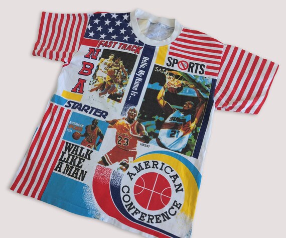 RARE Vtg 90s STARTER t shirt NBA All overprint Single… - Gem