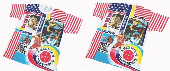 RARE Vtg 90s STARTER t shirt NBA All overprint Single… - Gem