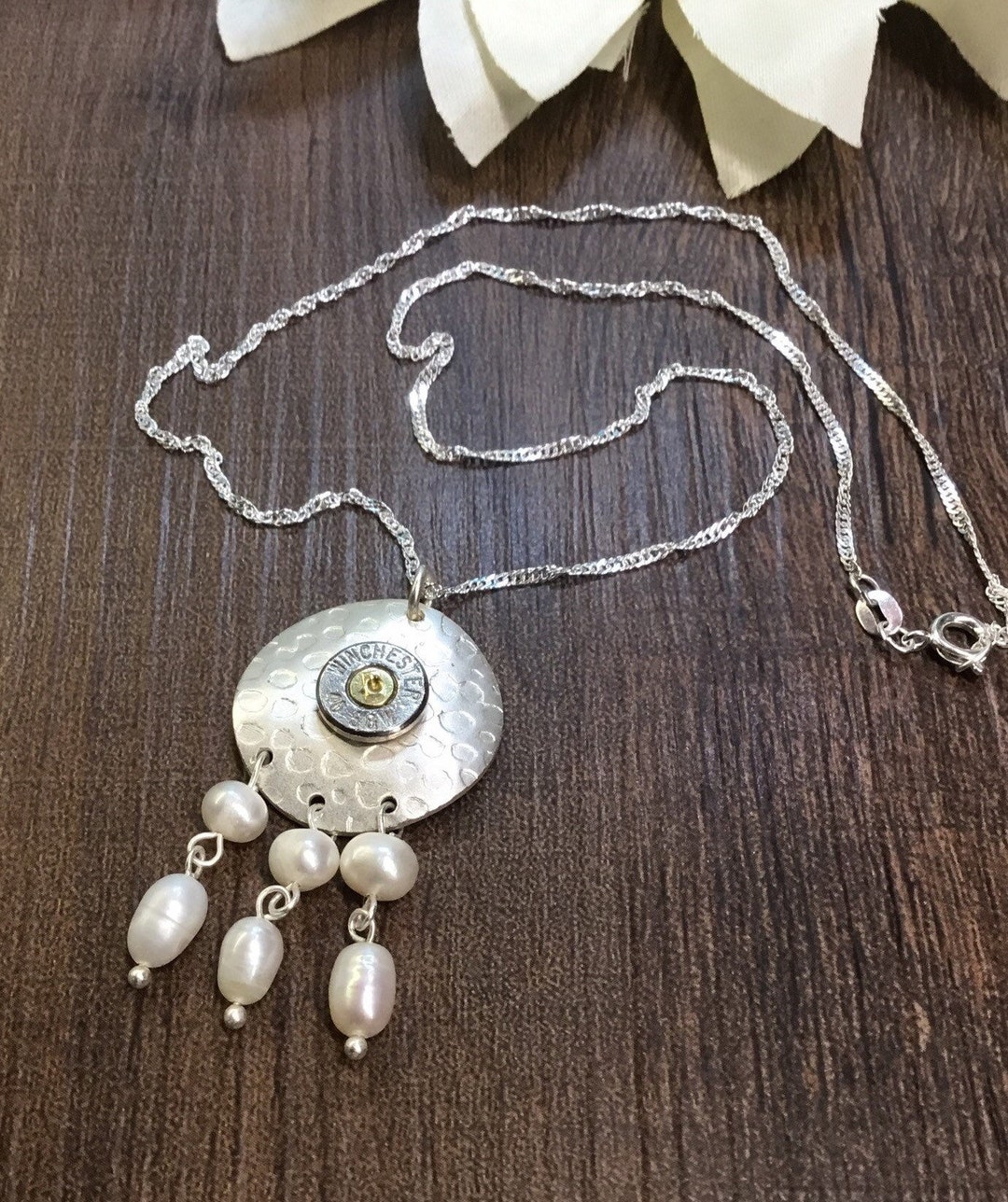 Silver Bullet Pearl Necklace , Ammo Necklace , Bullet Jewelry , Wedding ...