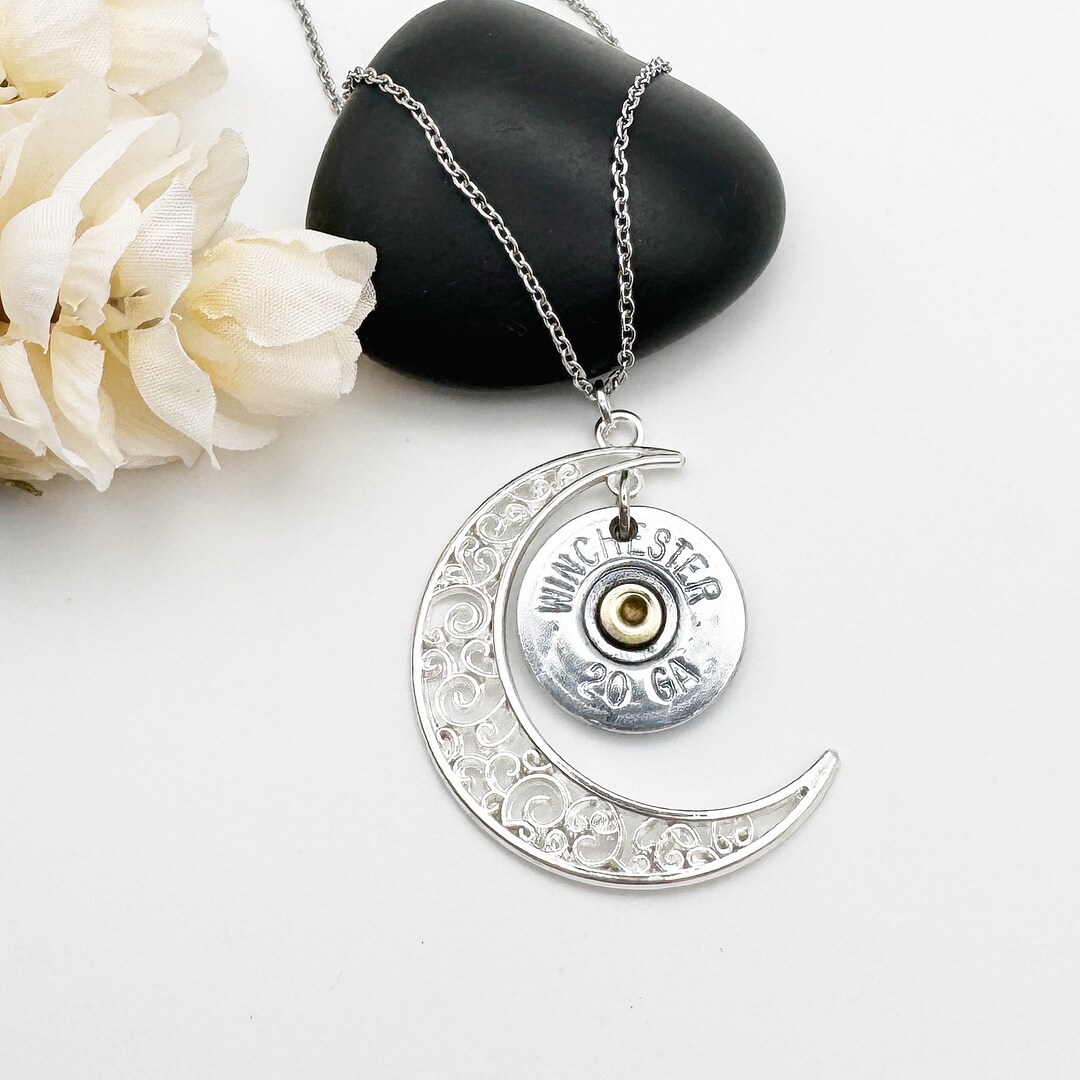 Shotgun Shell 12 Gauge Filigree Moon Necklace With Birthstone Crystal ...