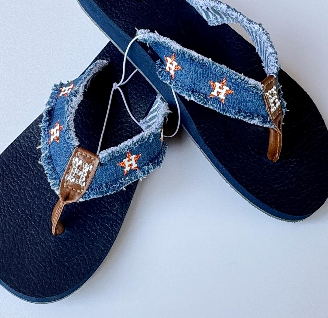 Houston Baseball Blue Jean Fringe Flip Flops Orange Glitter Star With ...