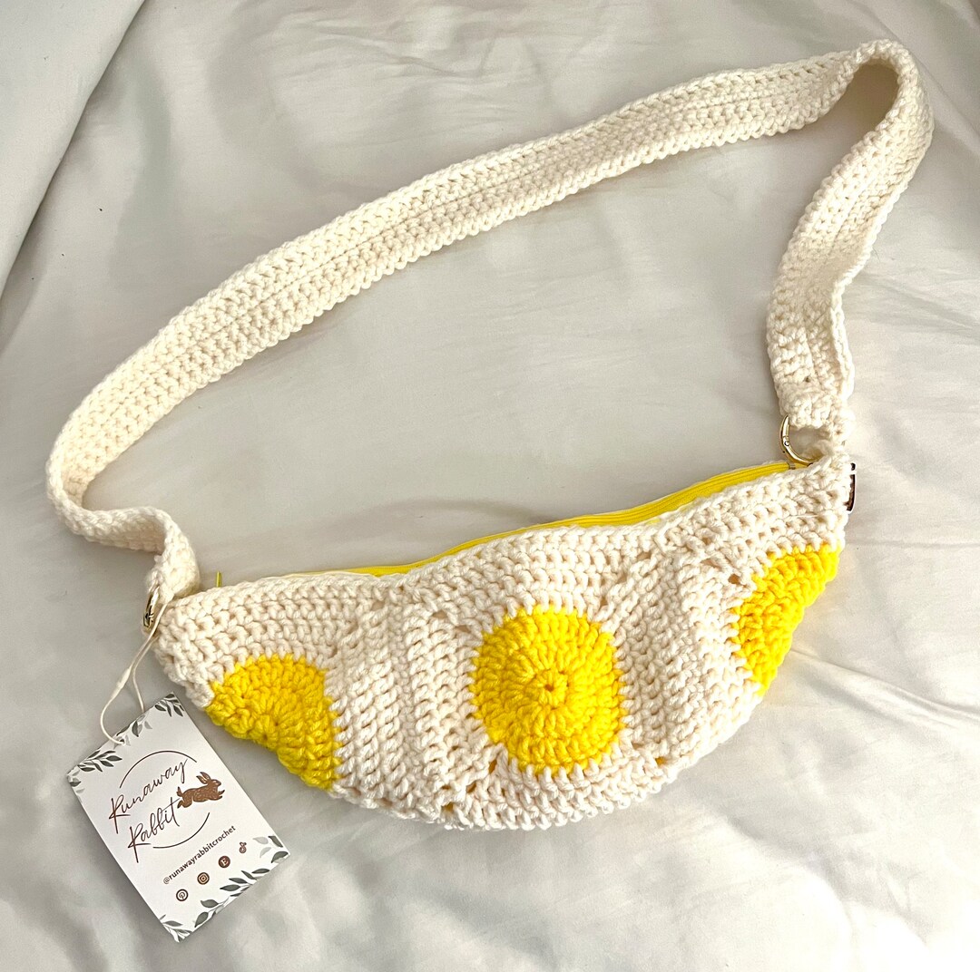 Yellow Circle Bum Bag Crochet Granny Square, Yellow Zipper Purse, White ...