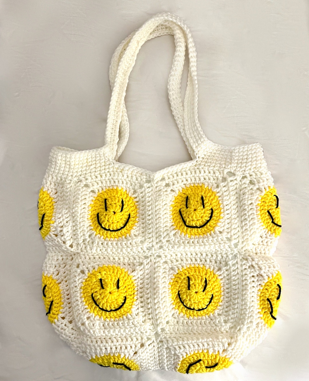 Smile Tote Bag Crochet Granny Square, Yellow Smiley Face Purse, White ...