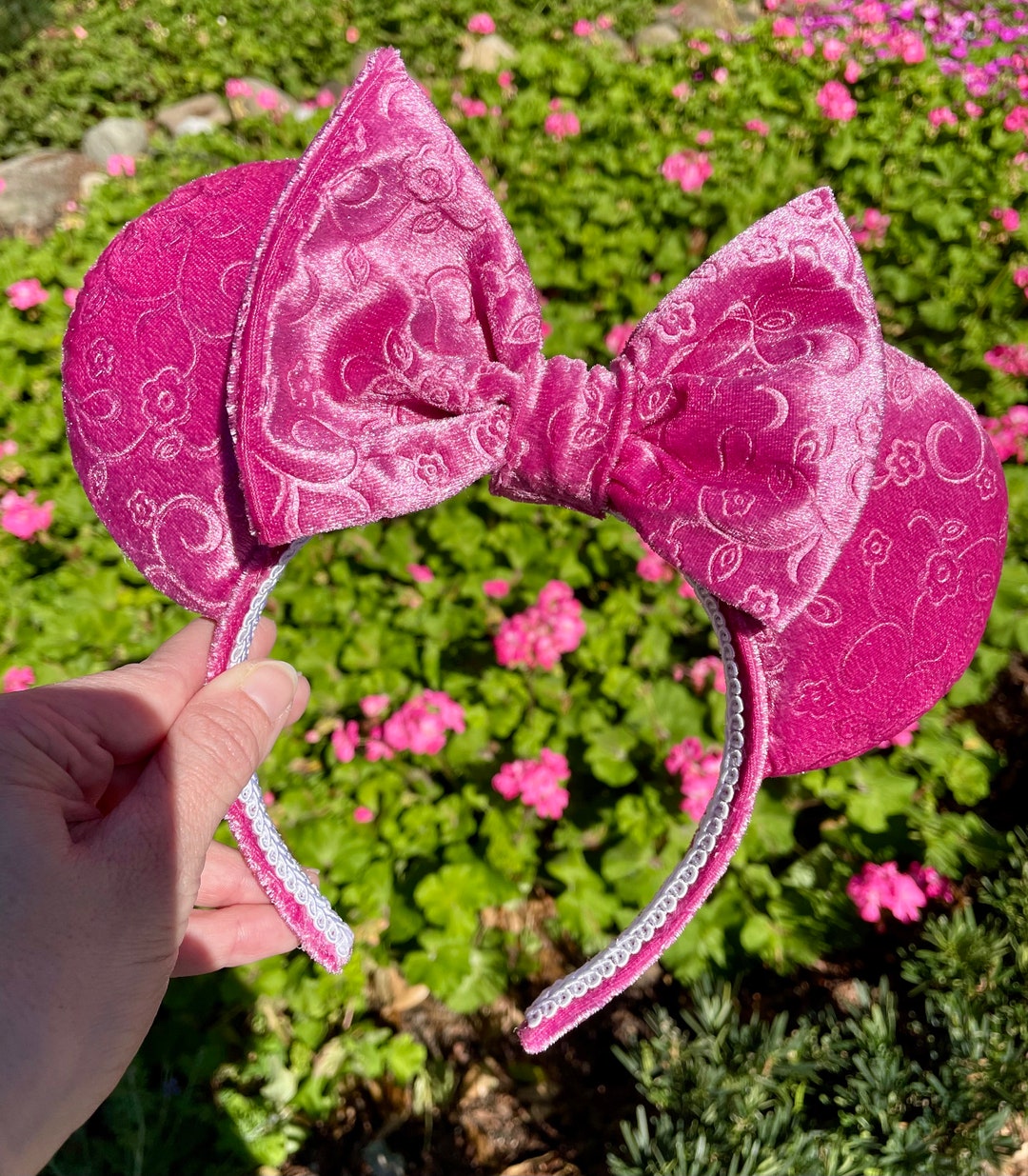 Pink Floral Velvet Mickey Ear, Pink Minnie Ears, Soft Ears, Flower and ...