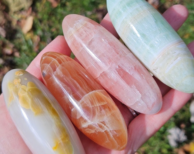 Shiva Lingam Shaped Palm Stones, Choice Of: Orange Calcite, Pink ...